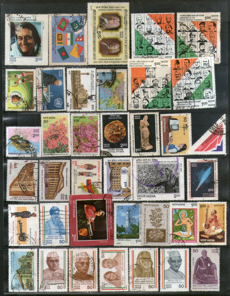 India 1985 Used Year Pack of 38 Stamps on Nehru Indira Gandhi Music Fl ...